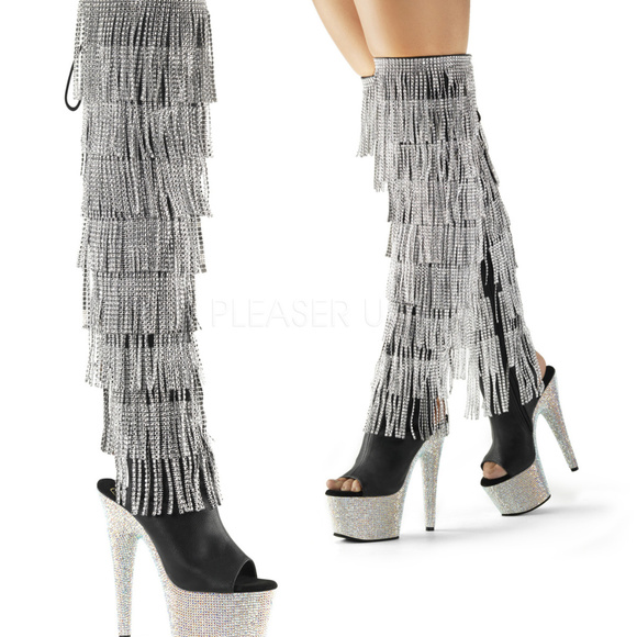 Shoes | Fringe Platform Heel Rhinestone Thigh High Boots | Poshmark
